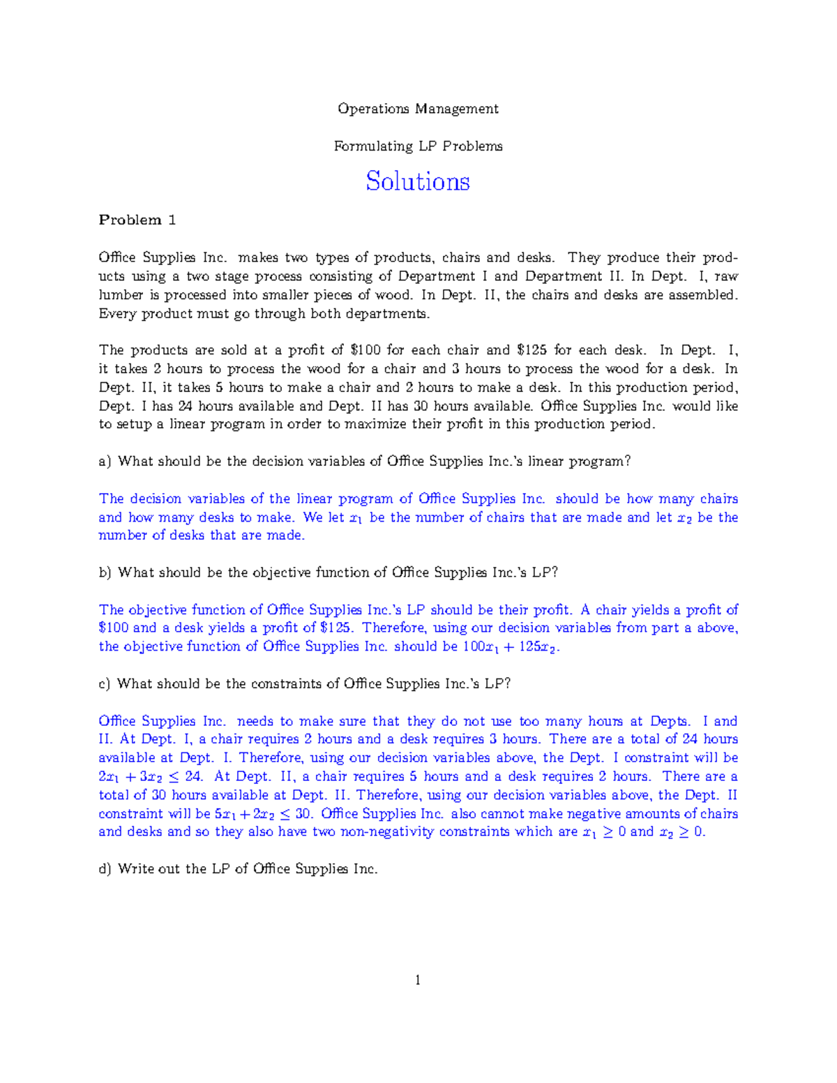 LP Formulations Solutions - Operations Management Formulating LP ...