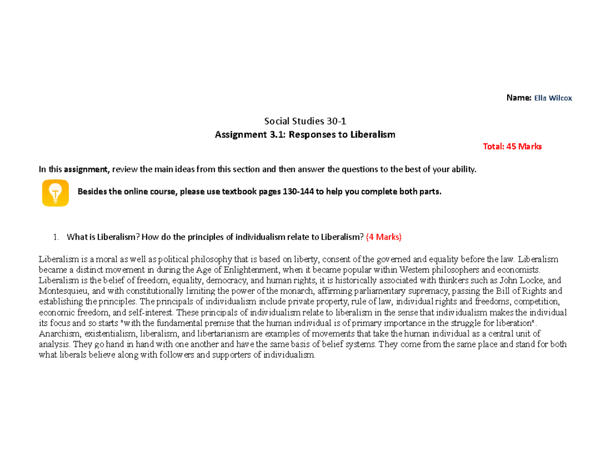 Assignment 3.1 - Responses to Liberalism - Name: Ella Wilcox Social ...