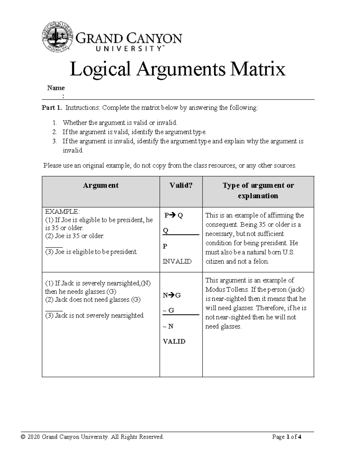 Logical Arguments Worksheet - Logical Arguments Matrix Name : Part 1. Instructions: Complete the ...