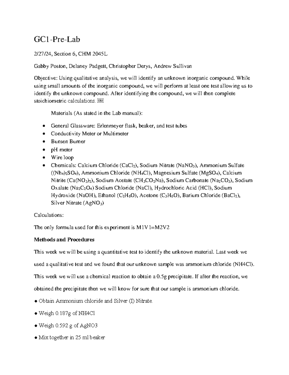 Pre-Lab Plan 4 - GC1-Pre-Lab 2/27/24, Section 6, CHM 2045L Gabby Poston ...