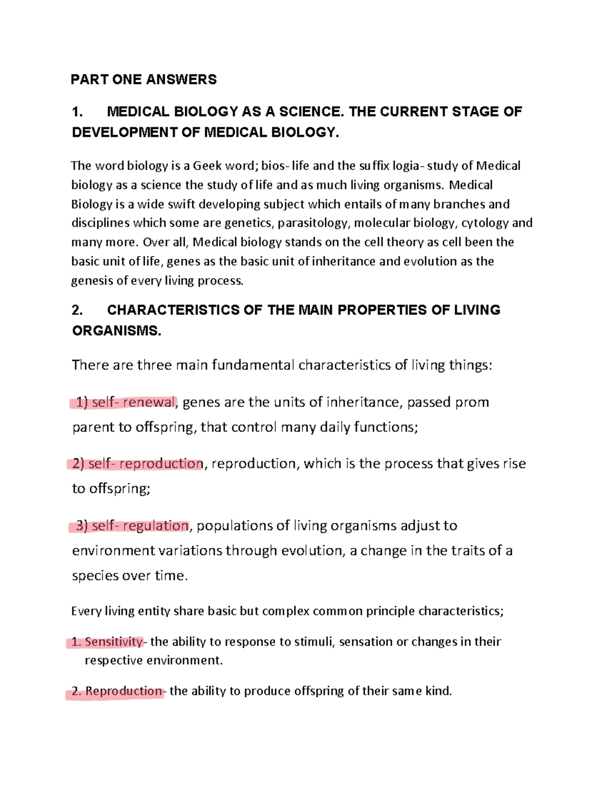 Med bio study material - Medical biology content - PART ONE ANSWERS 1 ...