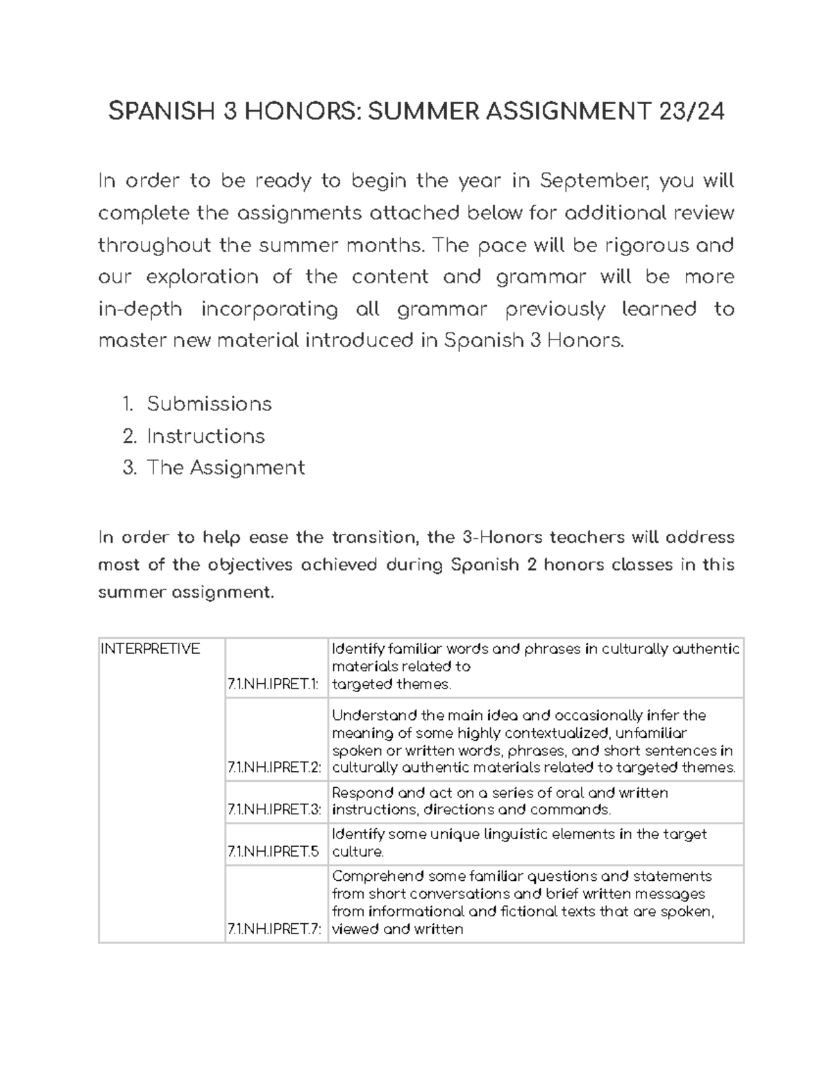Spanish 3 Honores Summer Assignment 2023 - SPANISH 3 HONORS: SUMMER ...
