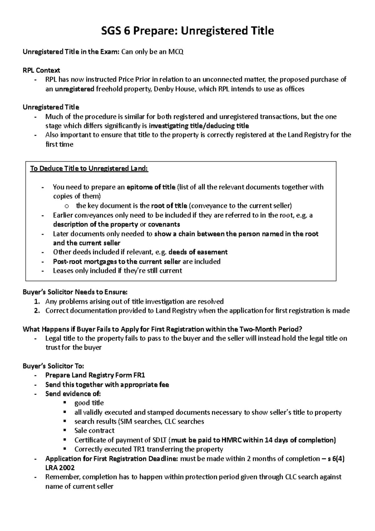 SGS 6 Prepare - SGS 6 Prepare: Unregistered Title Unregistered Title in ...
