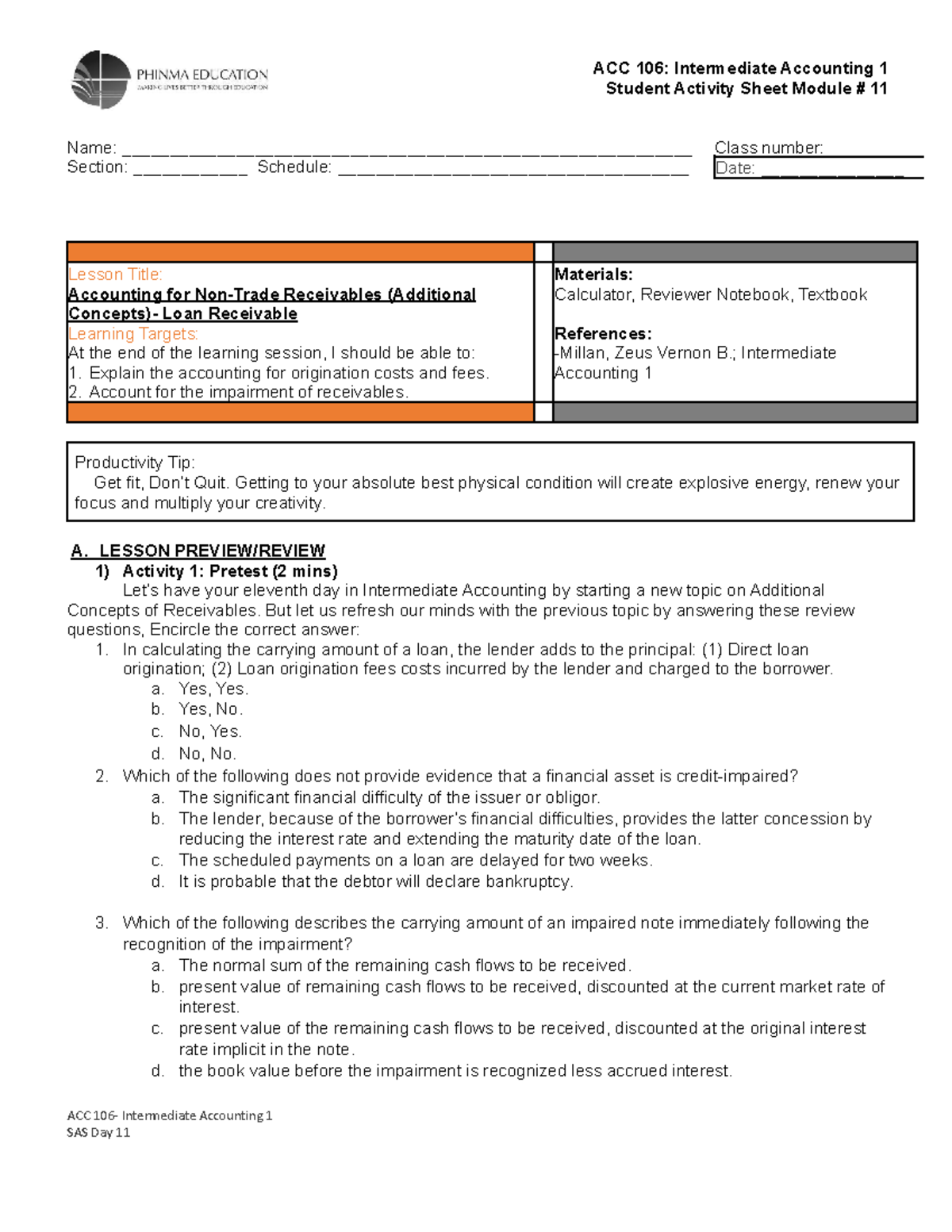 ACC 106 SAS 11 - ACC106 Module 11 - Student Activity Sheet Module # 11 Name: - Studocu
