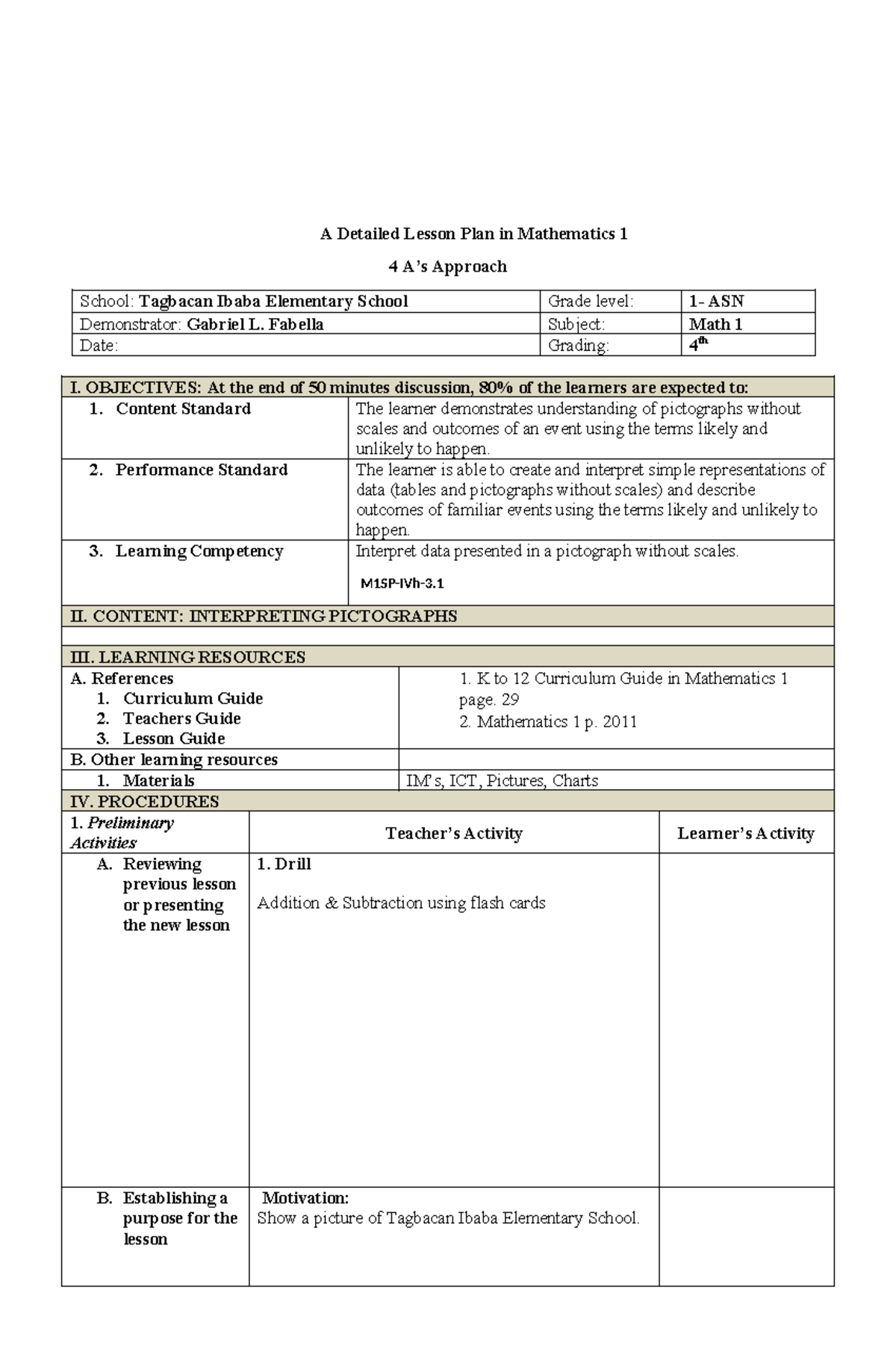 Interpreting Pictograph 1 COT - A Detailed Lesson Plan in Mathematics 1 4 A’s Approach School ...