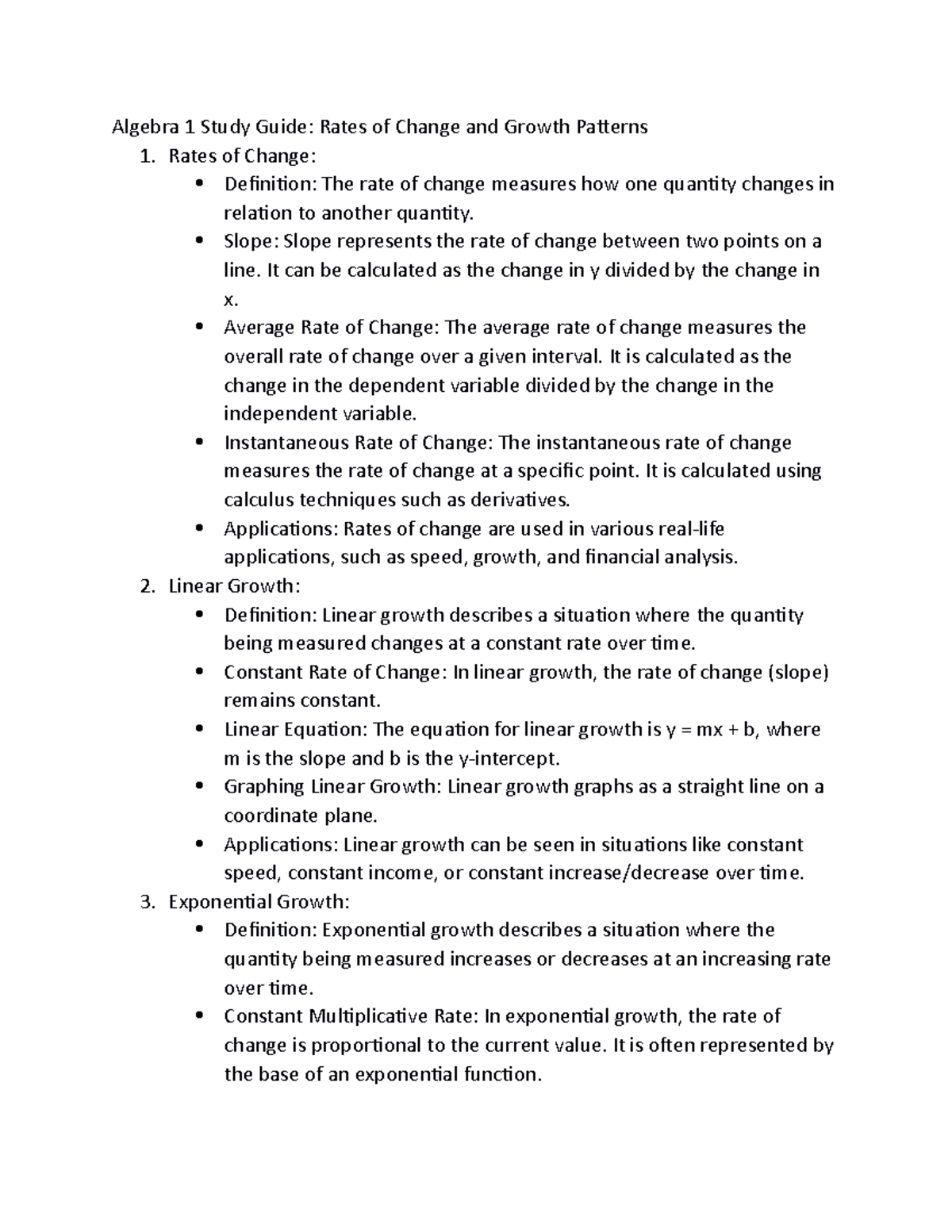 Algebra 1 Study Guide: Rates of Change and Growth Patterns - Rates of ...
