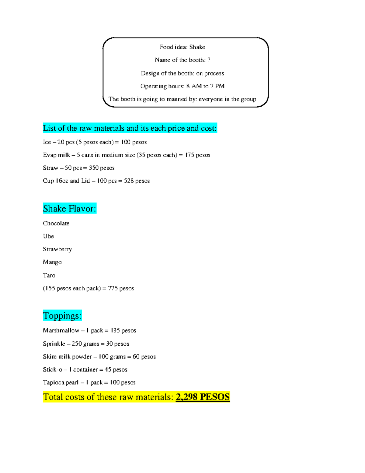 Business MATH PLAN - you can learn a lot - Food idea: Shake Name of the ...