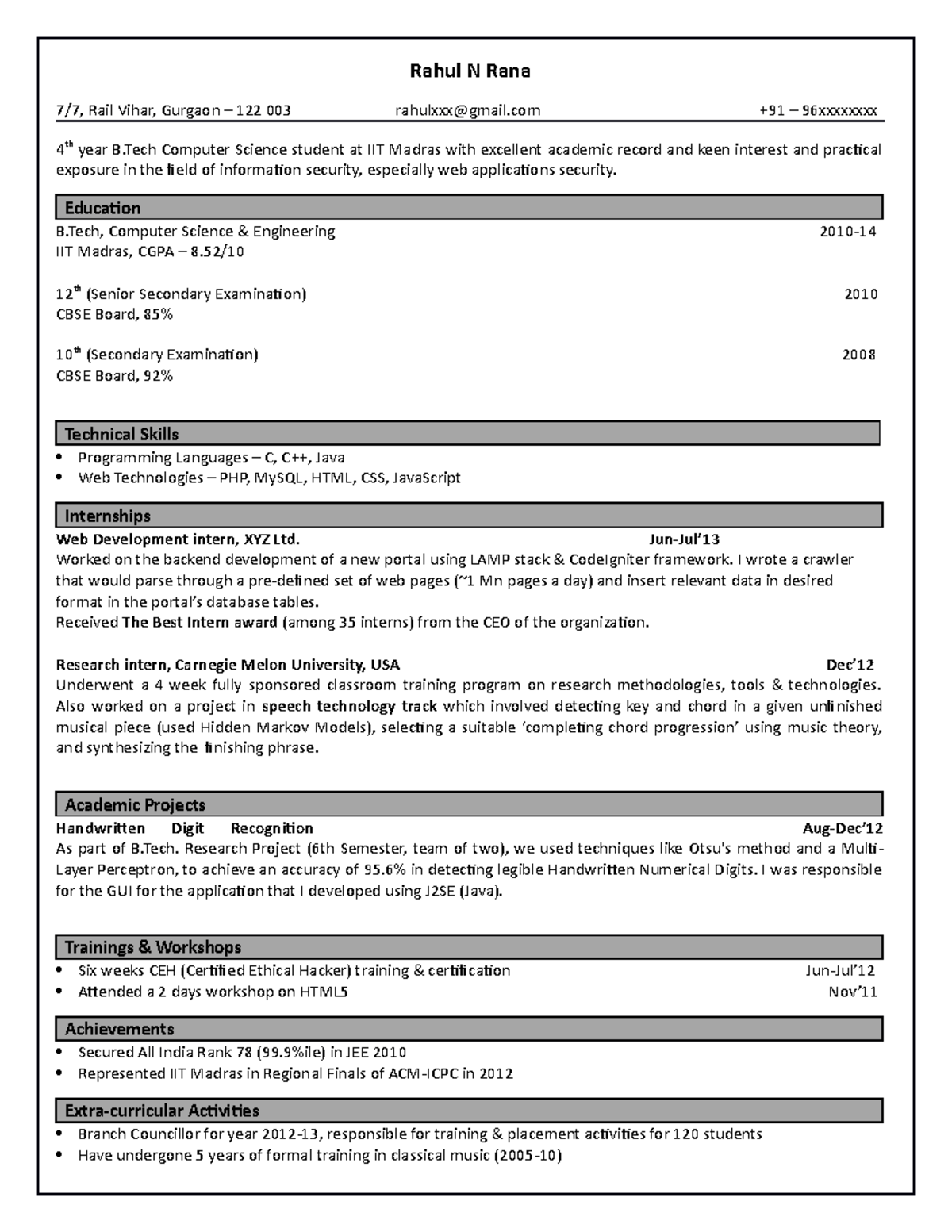 Internshala resume template 1 - Rahul N Rana 7/7, Rail Vihar, Gurgaon – 122 003 rahulxxx@gmail ...