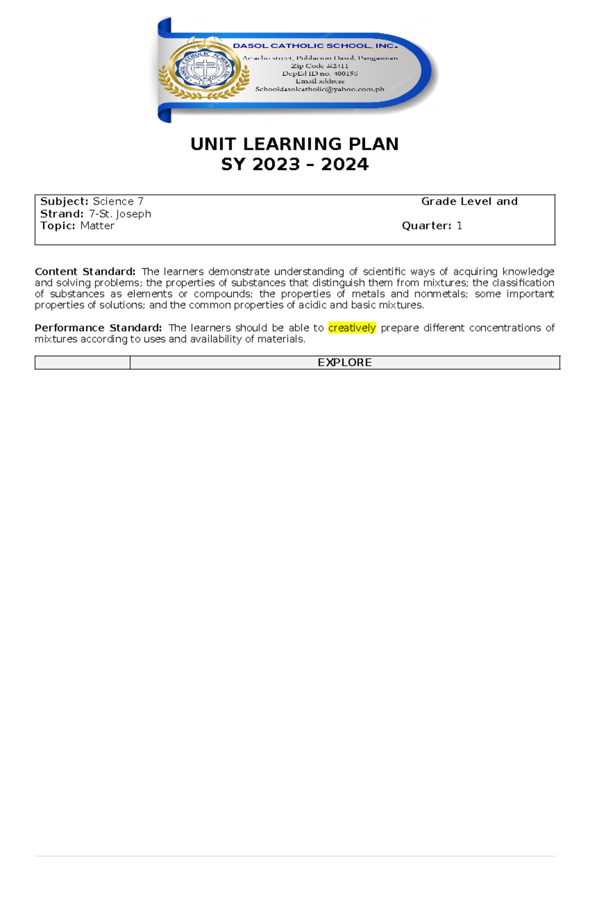 Science 7 Q1 ULP - UNIT LEARNING PLAN SY 2023 – 2024 Subject: Science 7 ...