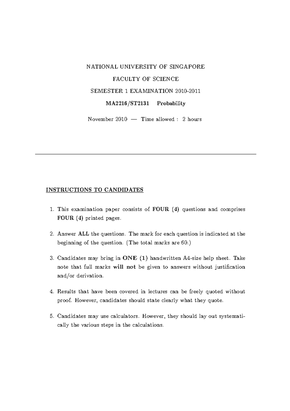 exam paper 1011-Sem1 - NATIONAL UNIVERSITY OF SINGAPORE FACULTY OF ...