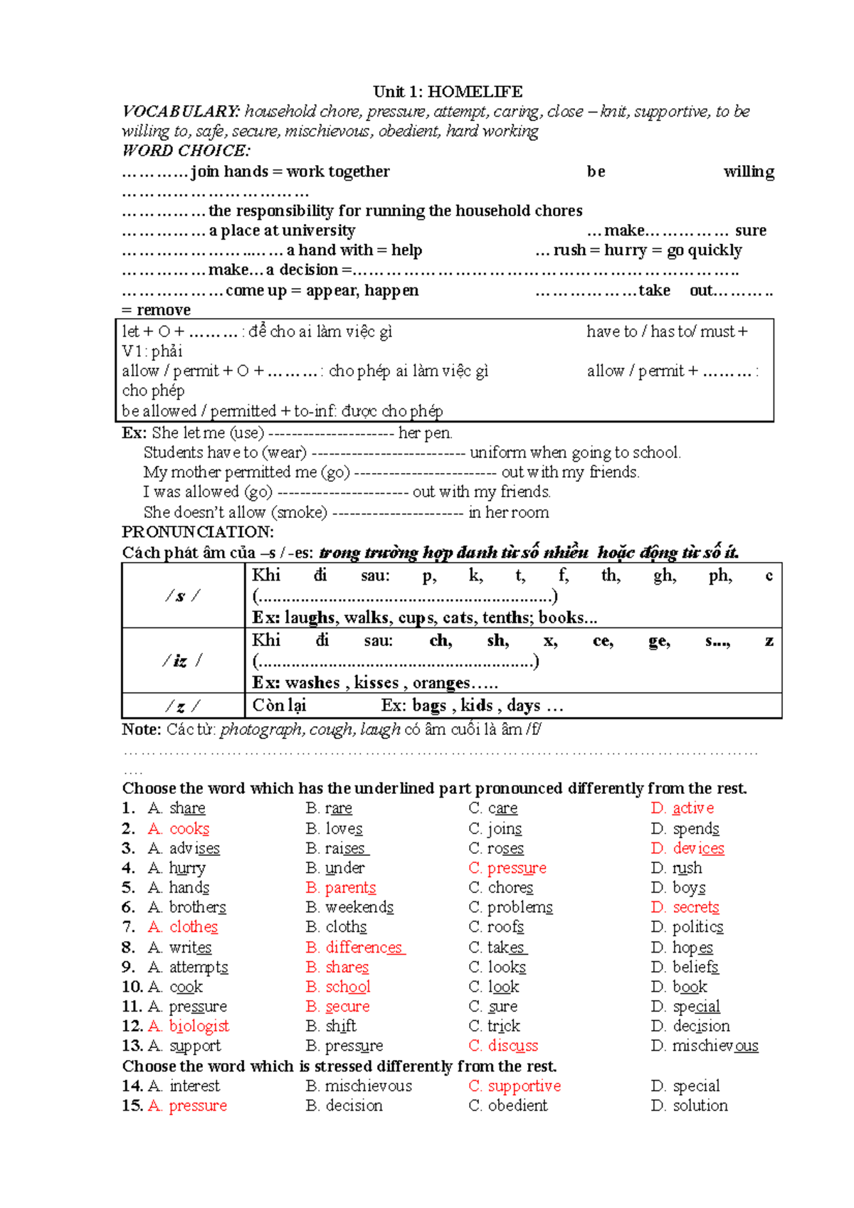 UNIT 1 Exercises - Nothing - Unit 1: HOMELIFE VOCABULARY: household ...