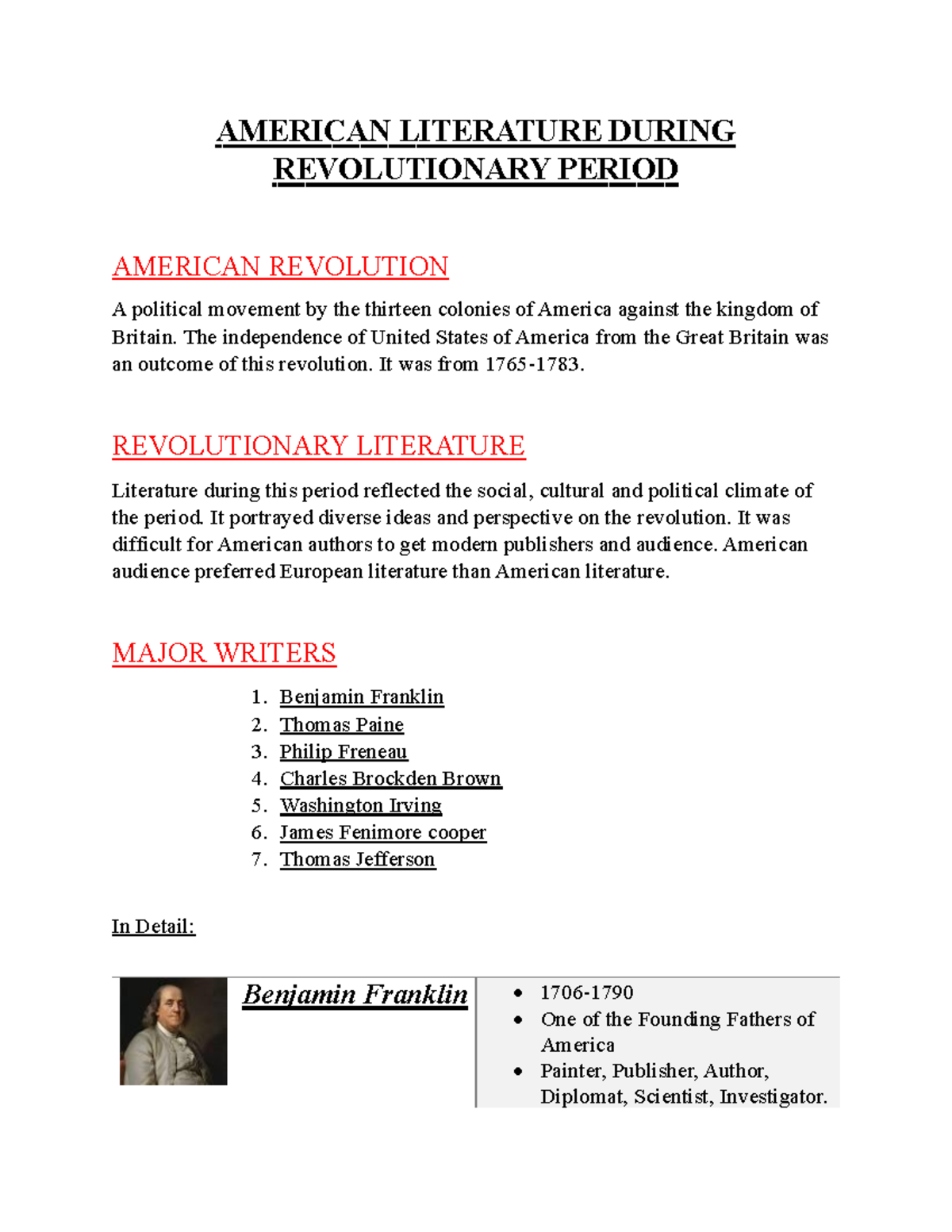American literature ( revolution period ) - AMERICAN LITERATURE DURING ...