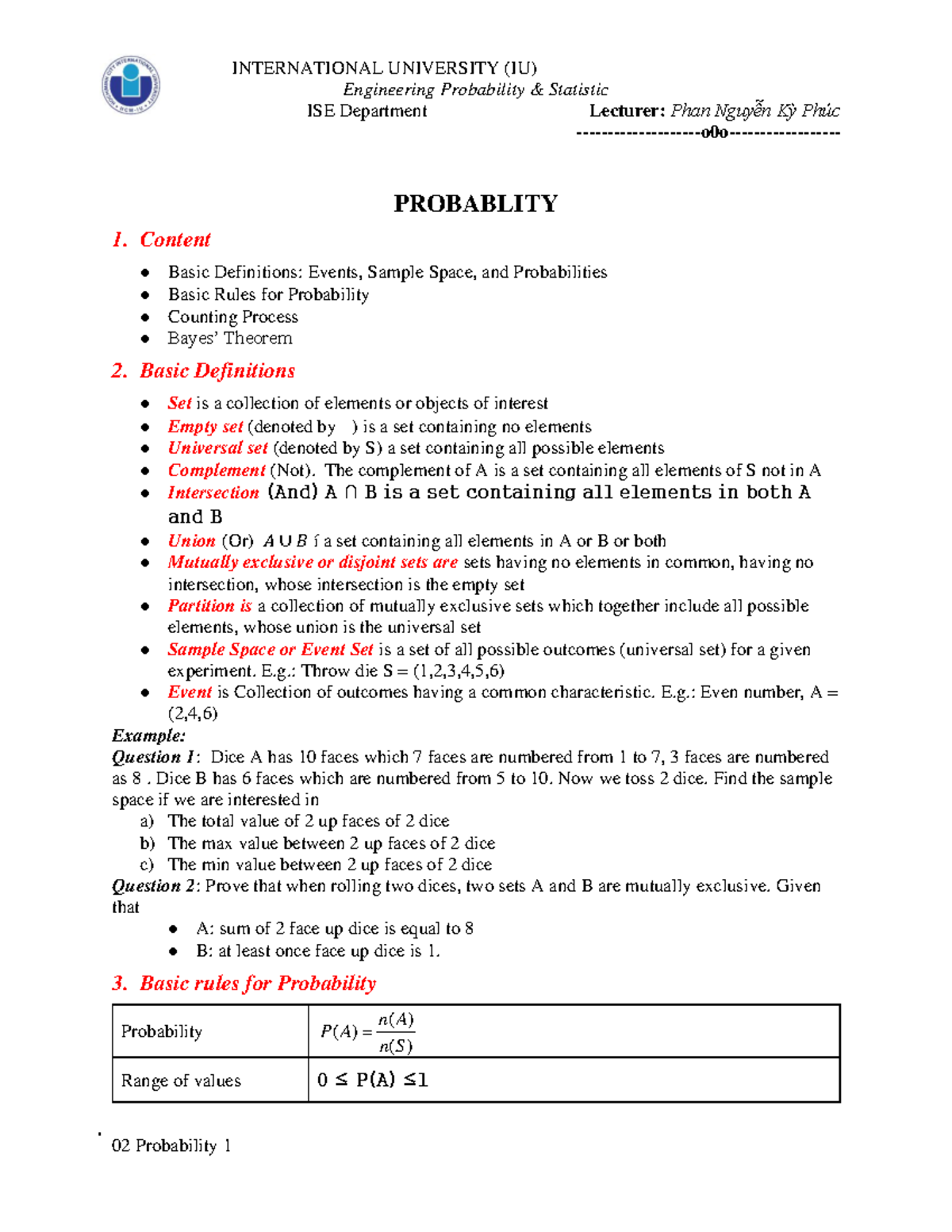 02 Probability with Solution - Engineering Probability & Statistic ISE Department Lecturer: Phan ...