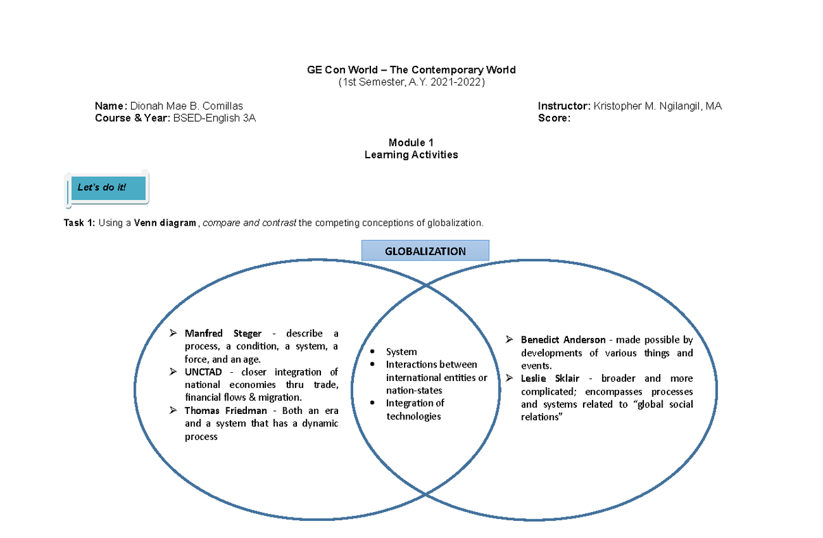 Globalization - Venn diagram, Concept map and T-chart - GE Con World ...