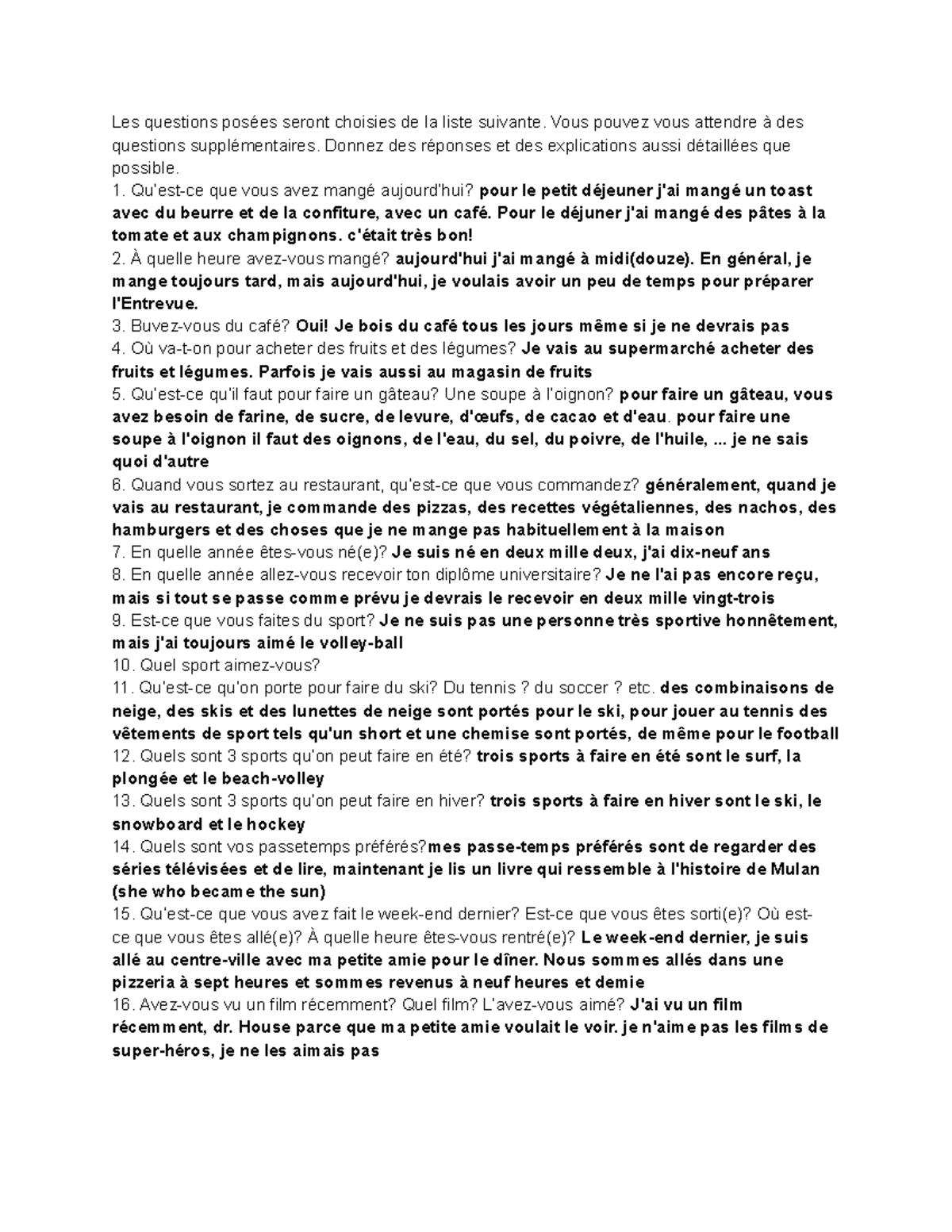 Oral Interview-French questions and answers - Les questions posées ...