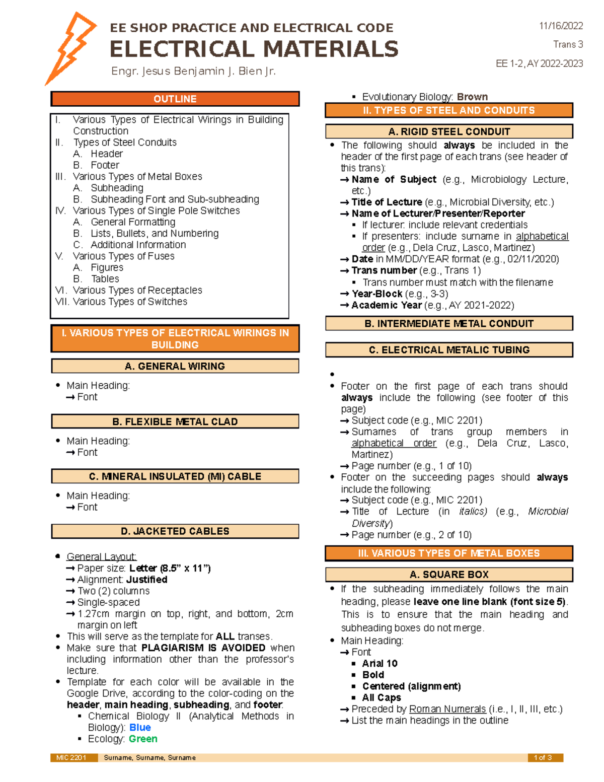 Brown-Copy - Transes - OUTLINE I. Various Types of Electrical Wirings ...