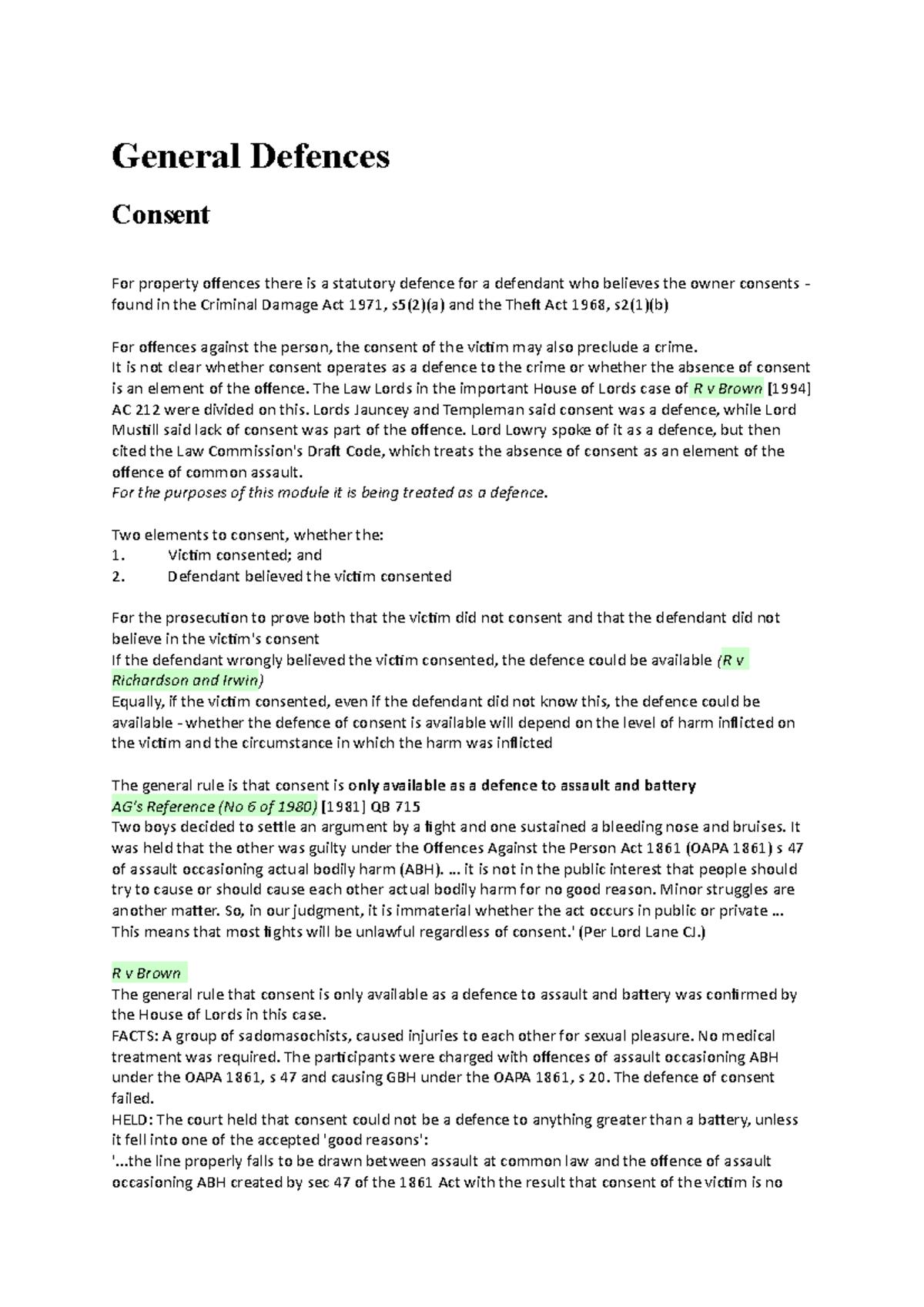 8 General Defences - Notes for Workshop 8 Criminal Law - General ...