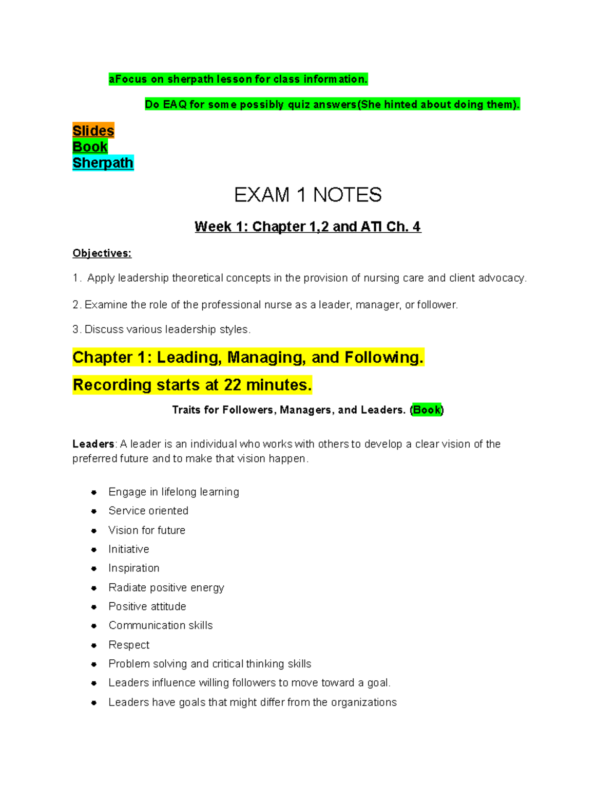 Leadership notes - study - aFocus on sherpath lesson for class ...