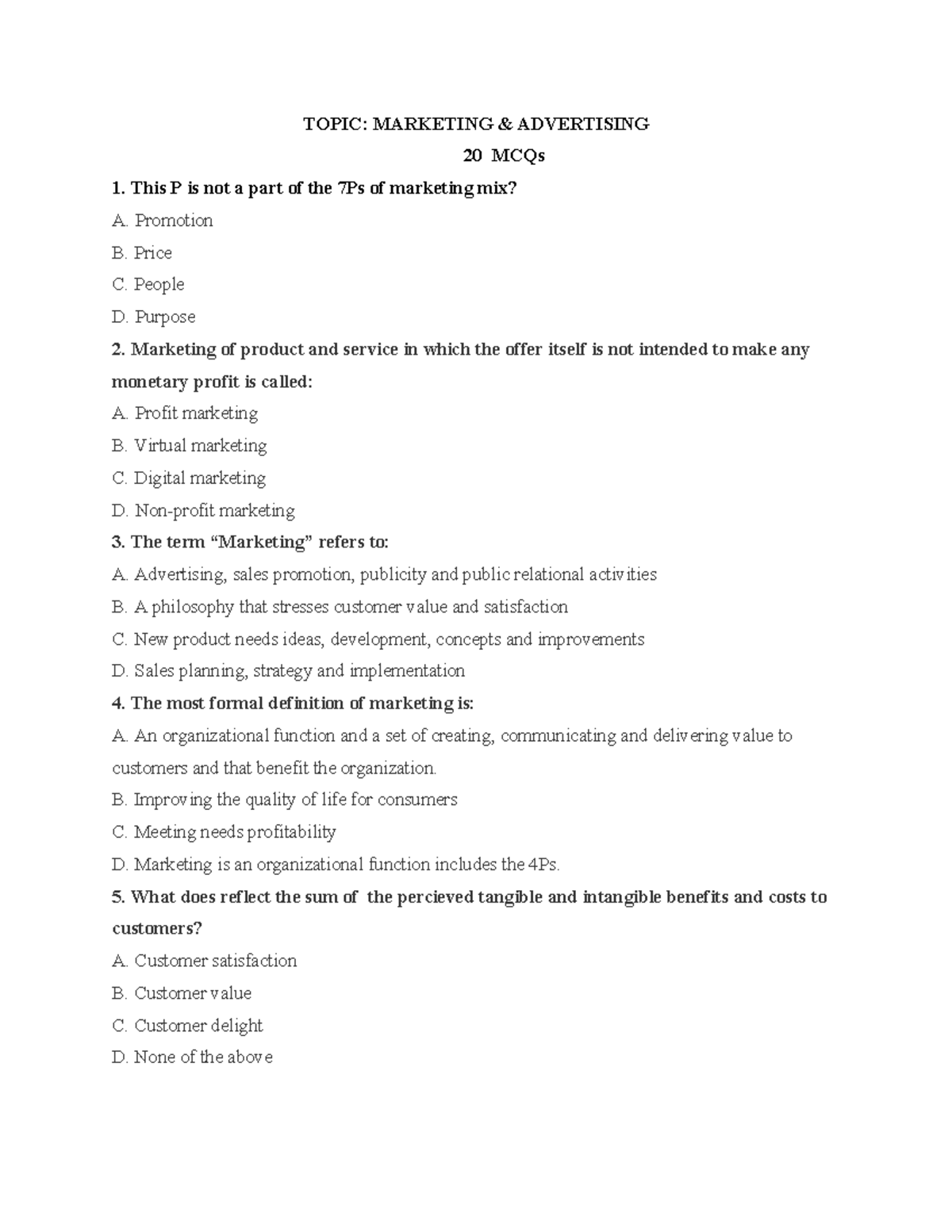 Marketing & Advertising - 20 MCQ Questions - TOPIC: MARKETING ...