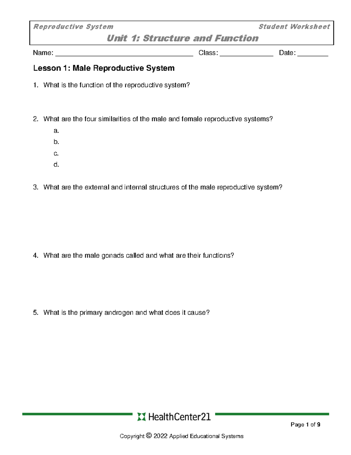 HC21 Unit 1 - Student Worksheet - Unit 1 : Structure and Function Name ...