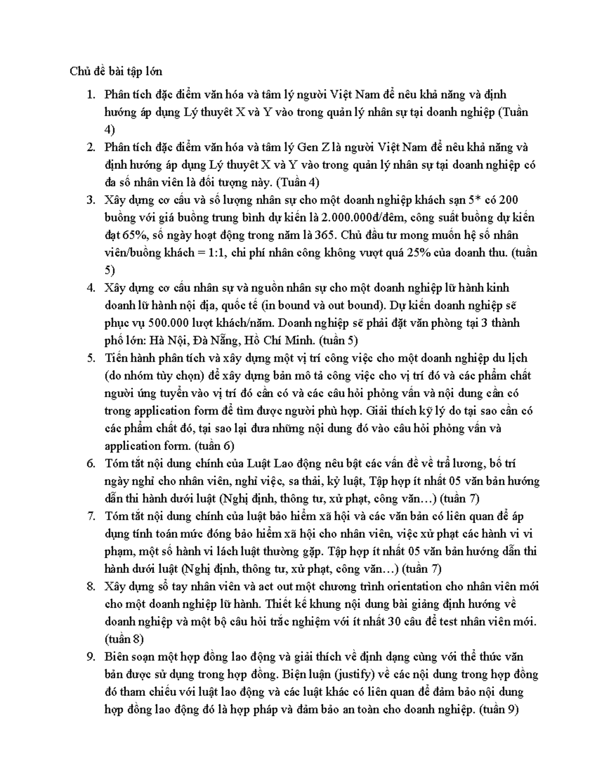 Các chủ đề cho HRM - Chủ đề bài tập lớn 1. Phân tích đặc điểm văn hóa và tâm lý người Việt Nam ...
