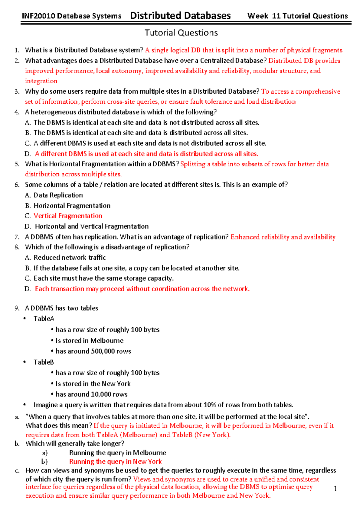 INF2001 0 Tut 11 103175969 - INF20010 Database Systems Week 11 Tutorial Questions 1 Distributed ...