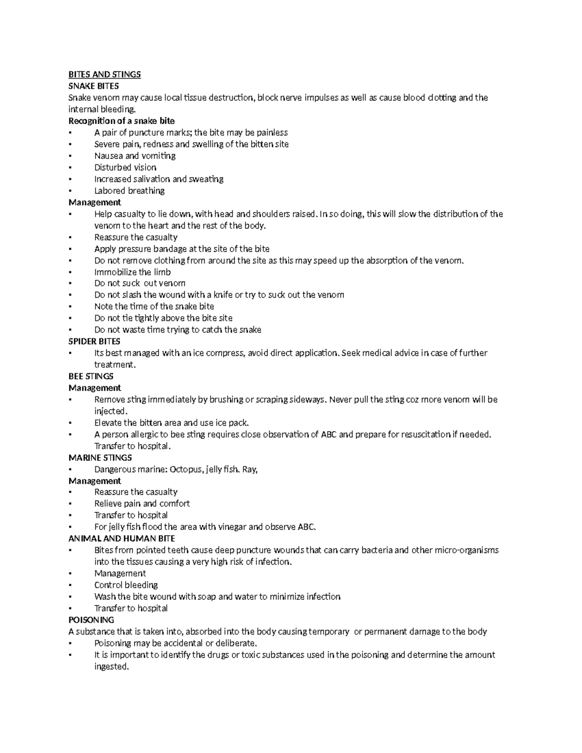 Bites AND Stings-1 - BITES AND STINGS SNAKE BITES Snake venom may cause ...