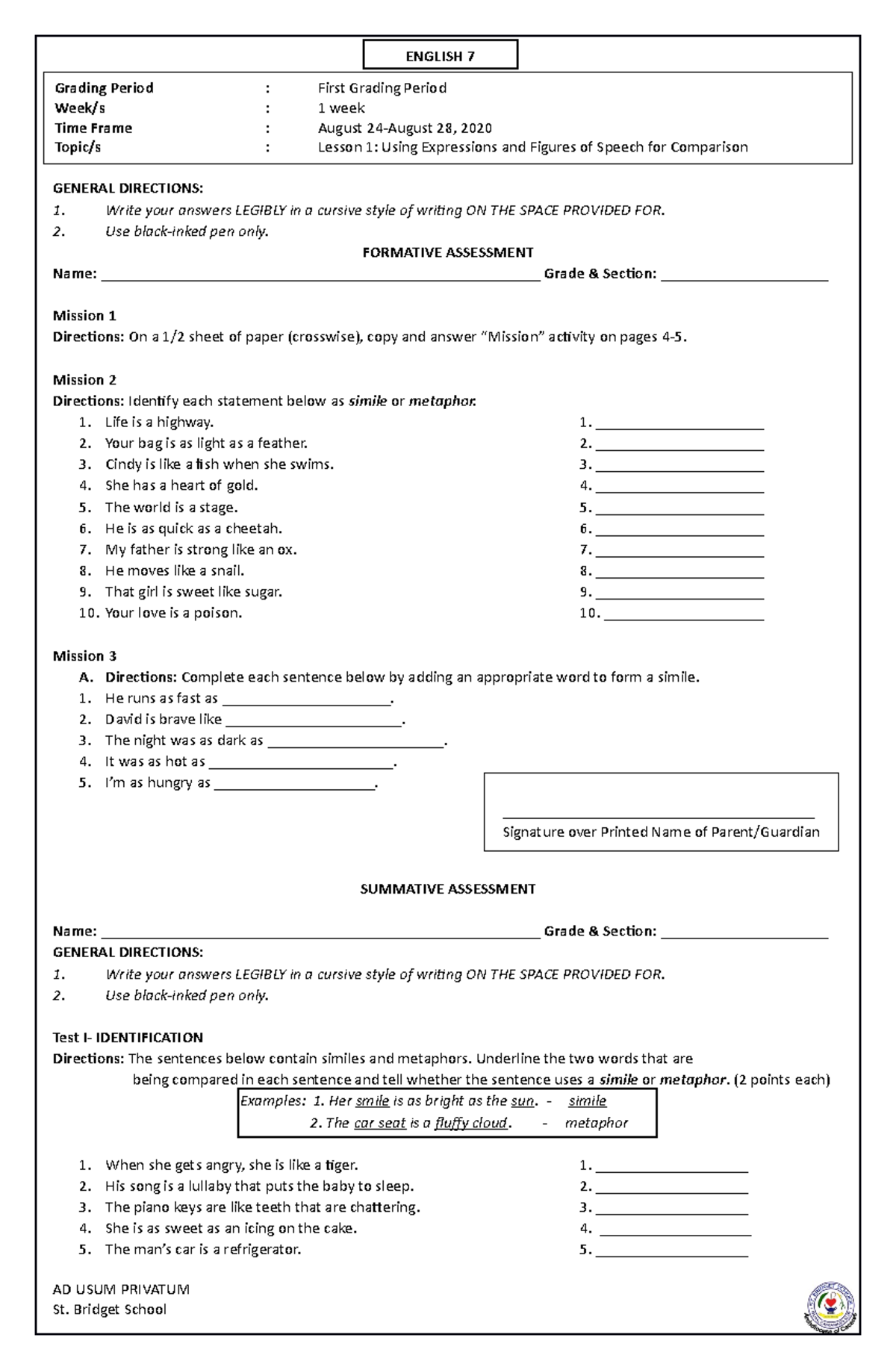 Lesson 1 - This an assessment. - GENERAL DIRECTIONS: Write your answers ...