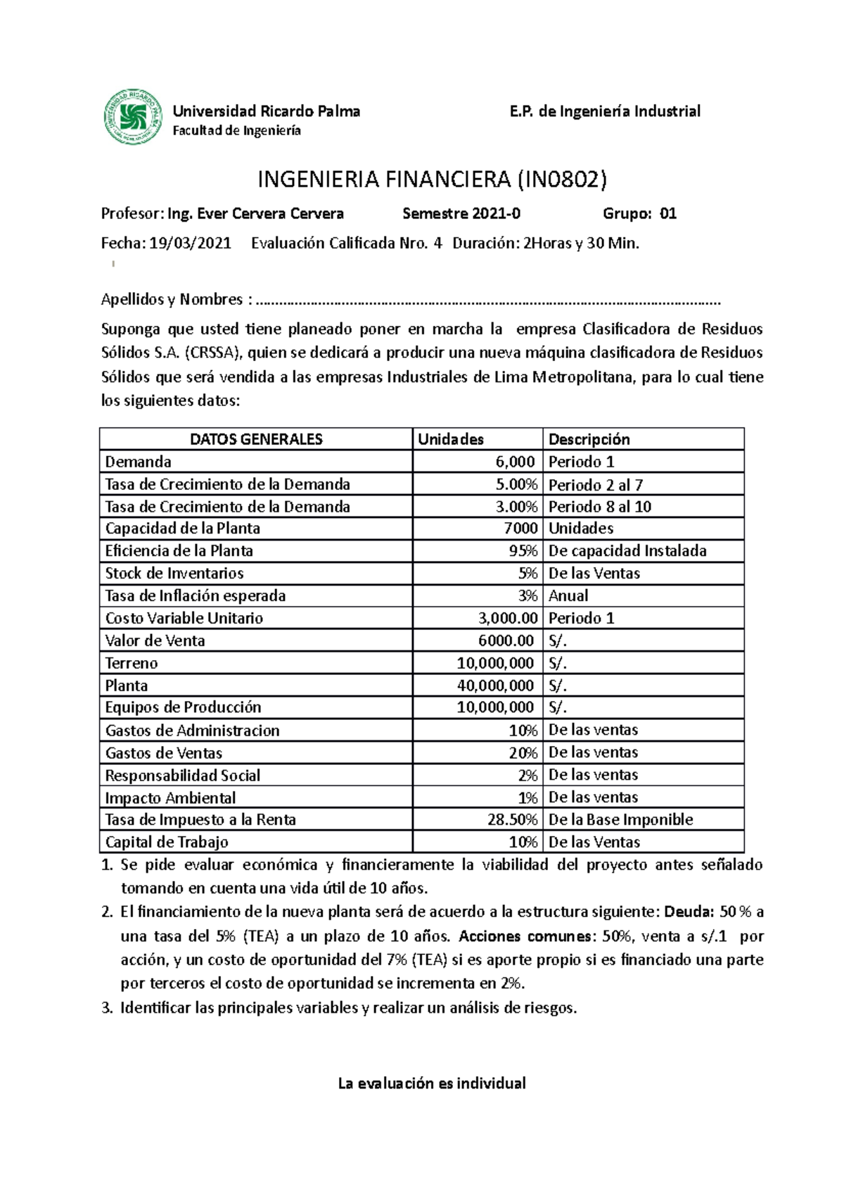 Practica Calificada Nro. 4 2021-0 - IN 0802 - Universidad Ricardo Palma Facultad de Ingeniería E ...