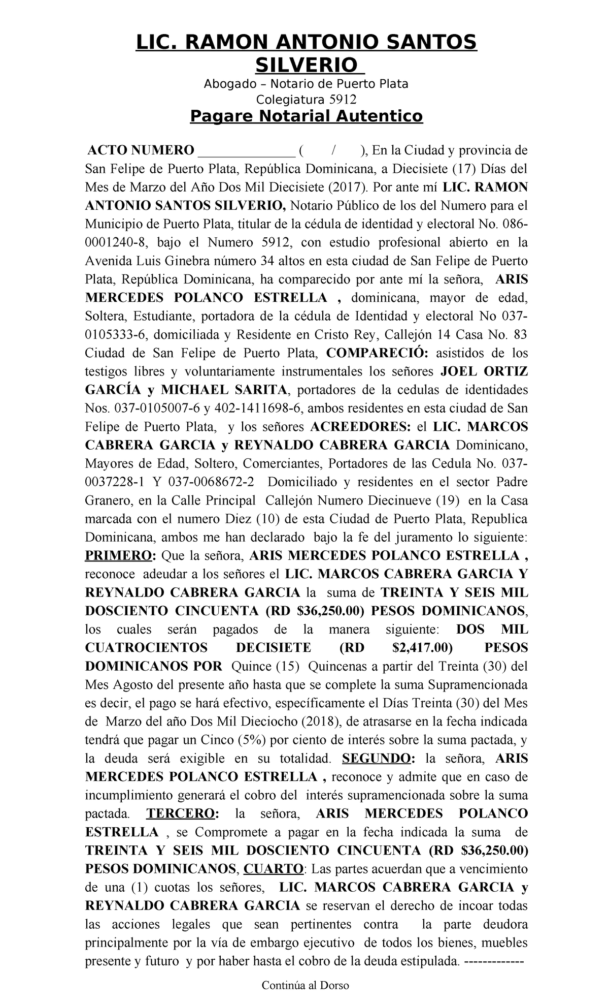 Pagare Notarial - ARIS Mercedes Polanco Estrella - LIC. RAMON ANTONIO ...