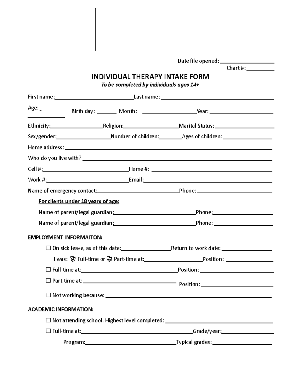 Intake Individual - Date file opened: Chart #: INDIVIDUAL THERAPY ...