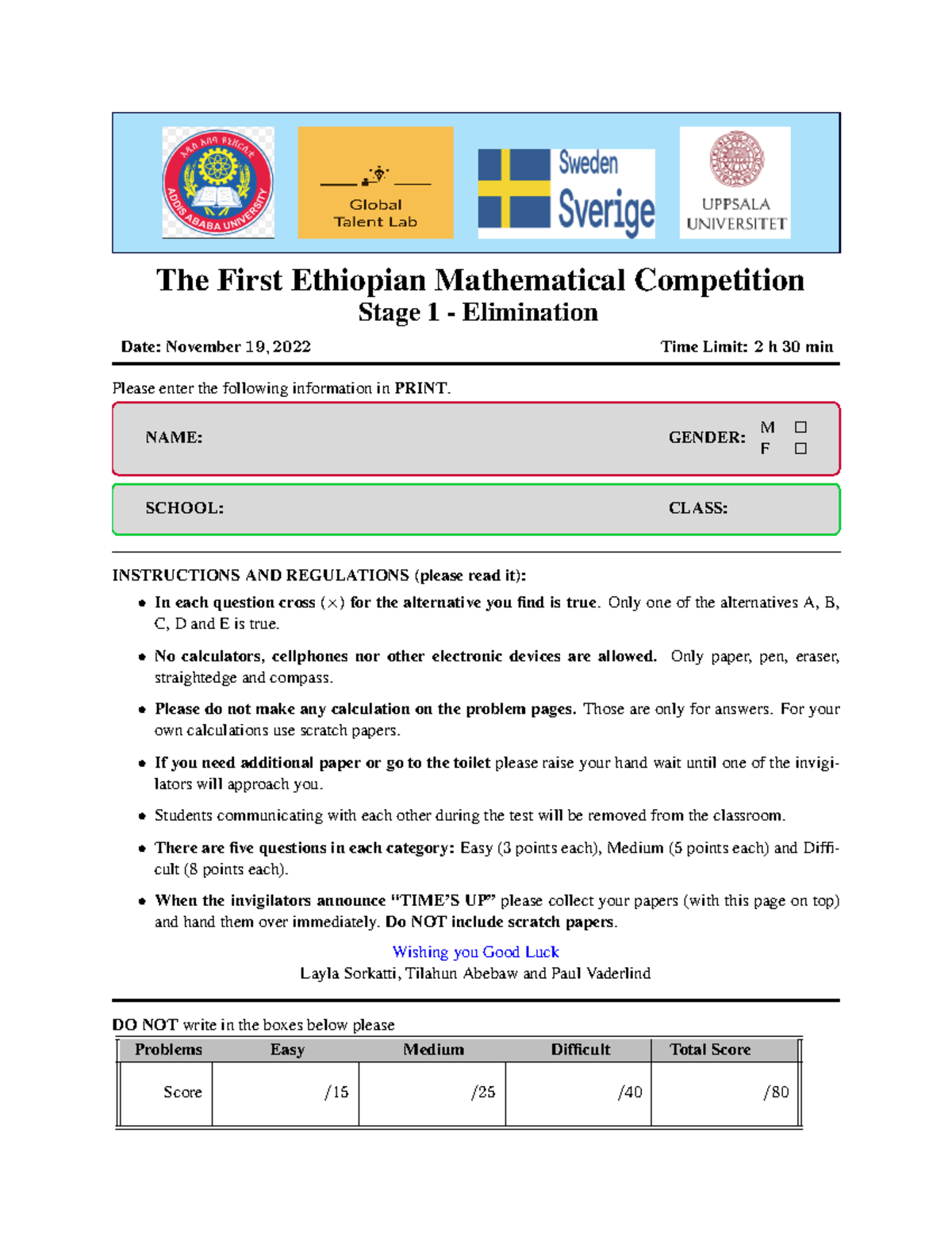 Sample Ethiopia - The First Ethiopian Mathematical Competition Stage 1 ...