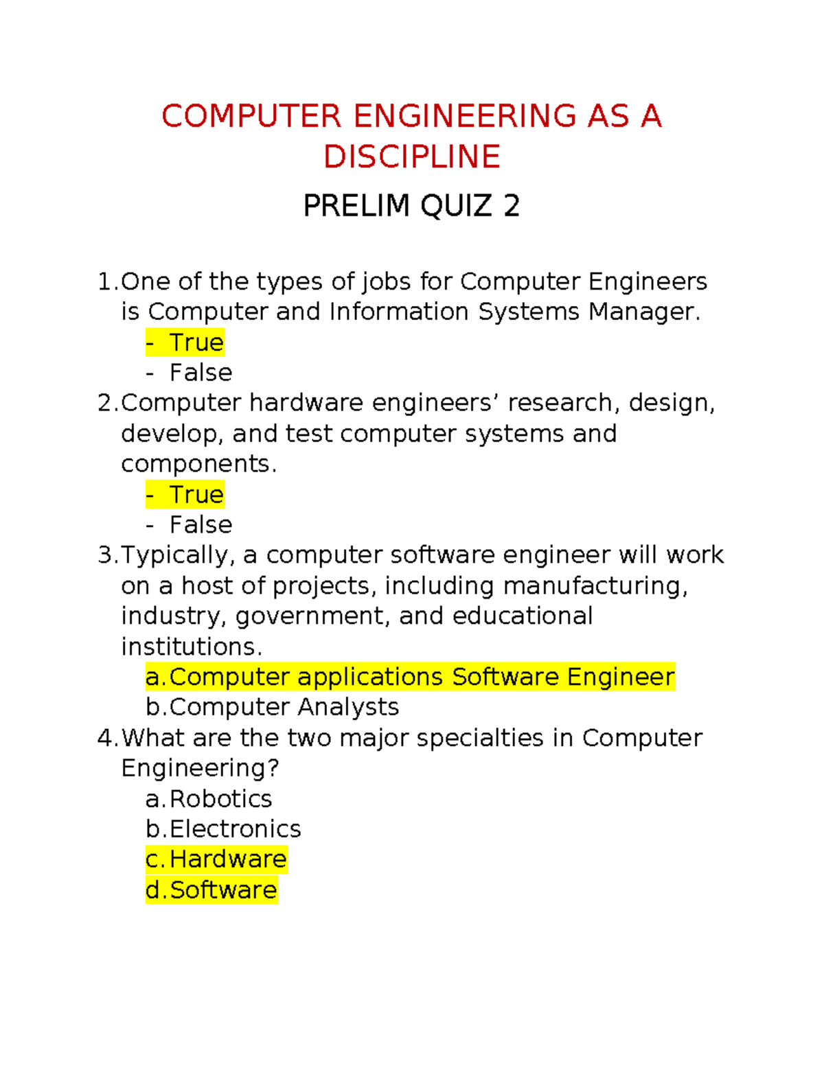 Computer Engineering AS A Discipline - Prelim Quiz 2 - COMPUTER ...