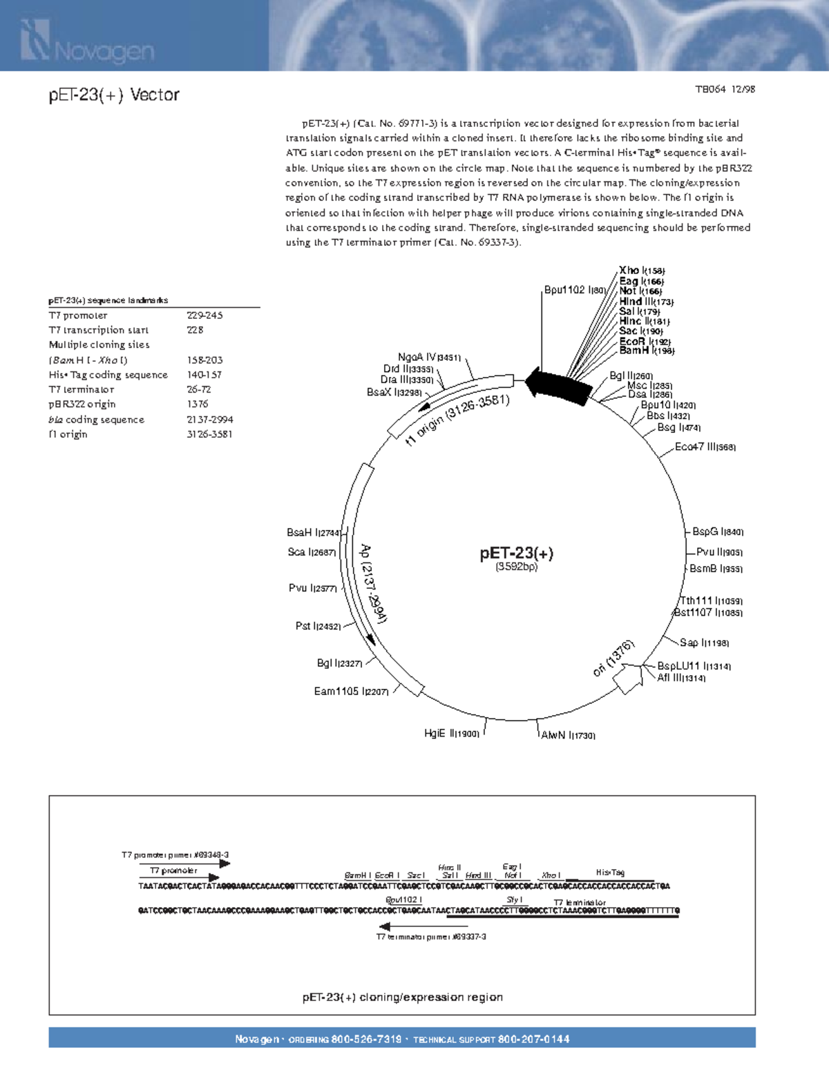 Pet23 - Novagen • ORDERING 800-526-7319 • TECHNICAL SUPPORT 800-207- or i( 1 37 6 ) A p ( 2 1 3 ...