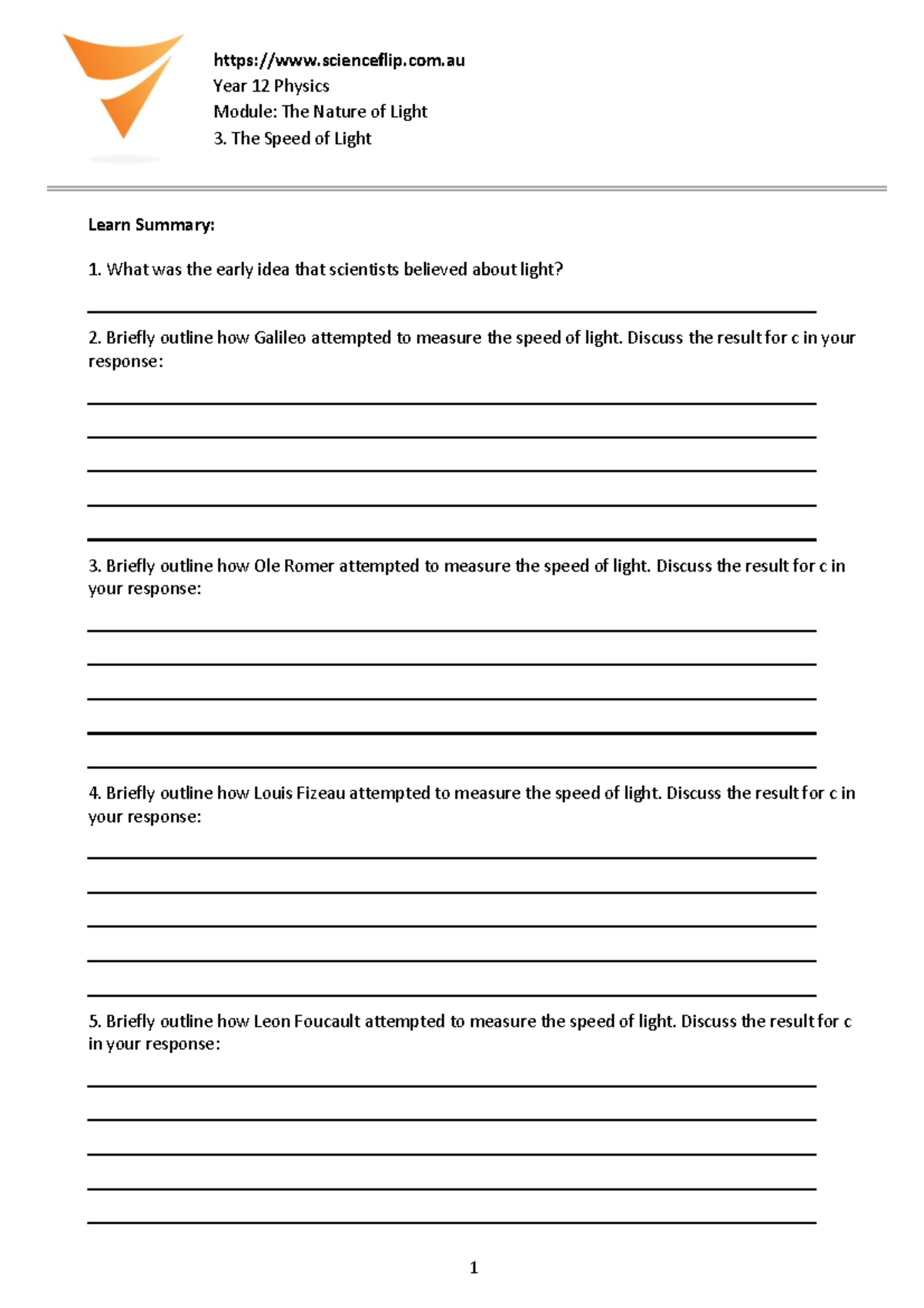 3. The Speed of Light notes worksheet - 1 scienceflip.com Year 12 ...