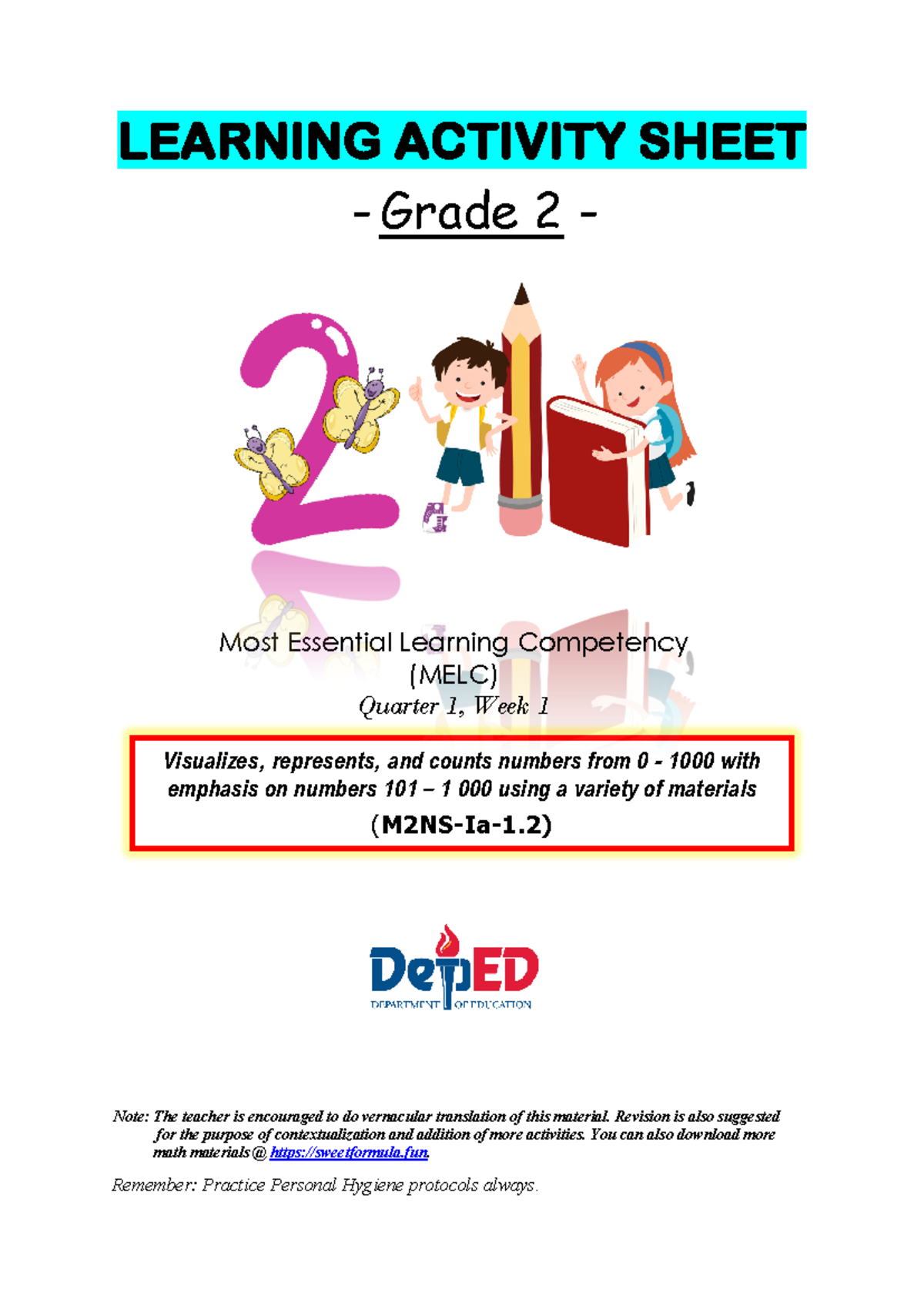 GR2MATH Q1W1 - LAS - Mathematics - LEARNING ACTIVITY SHEET - Grade 2 - Visualizes, represents ...