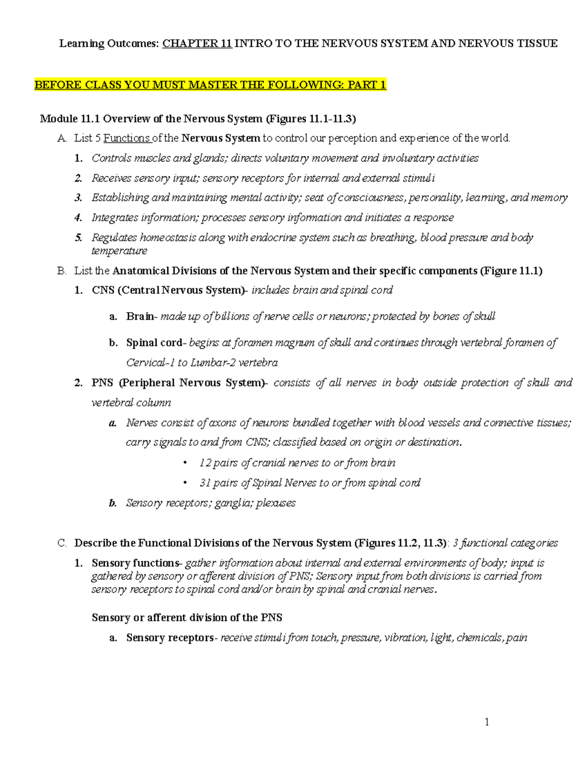 Chapter 11 Intro to Nervous System and Nervous Tissue - Learning Outcomes: CHAPTER 11 INTRO TO ...