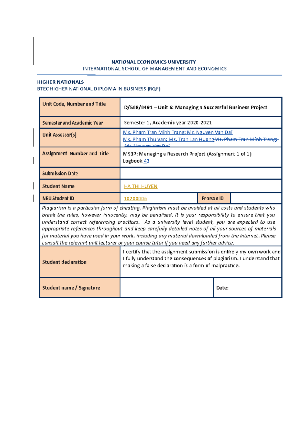 Logbook 4-management project - NATIONAL ECONOMICS UNIVERSITY ...