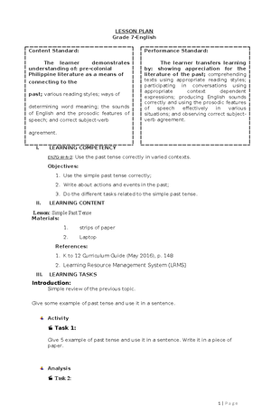 Grade 7 DLP 1 - n/a - LESSON PLAN Grade 7-English Content Standard: The ...