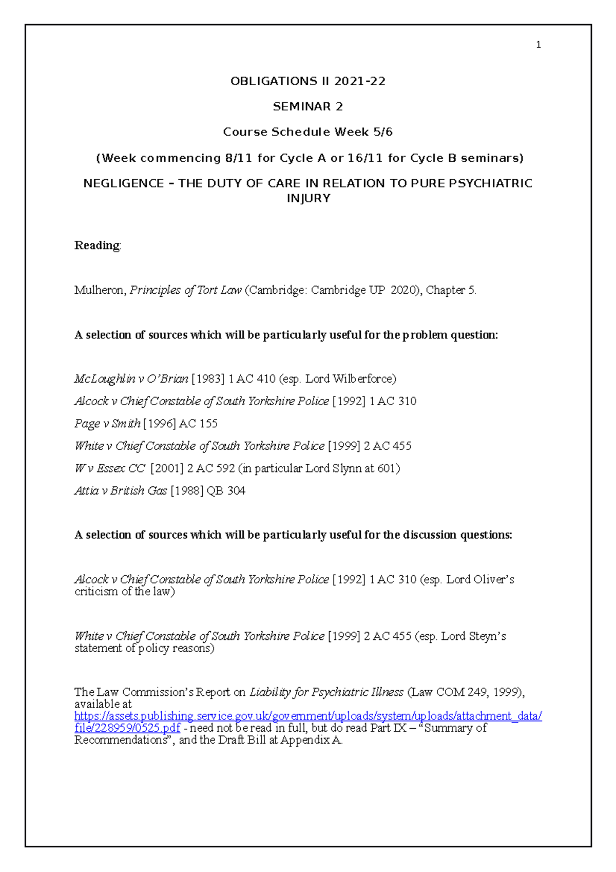 Seminar 2 Pure Psychiatric Injury - 1 OBLIGATIONS II 2021- SEMINAR 2 ...