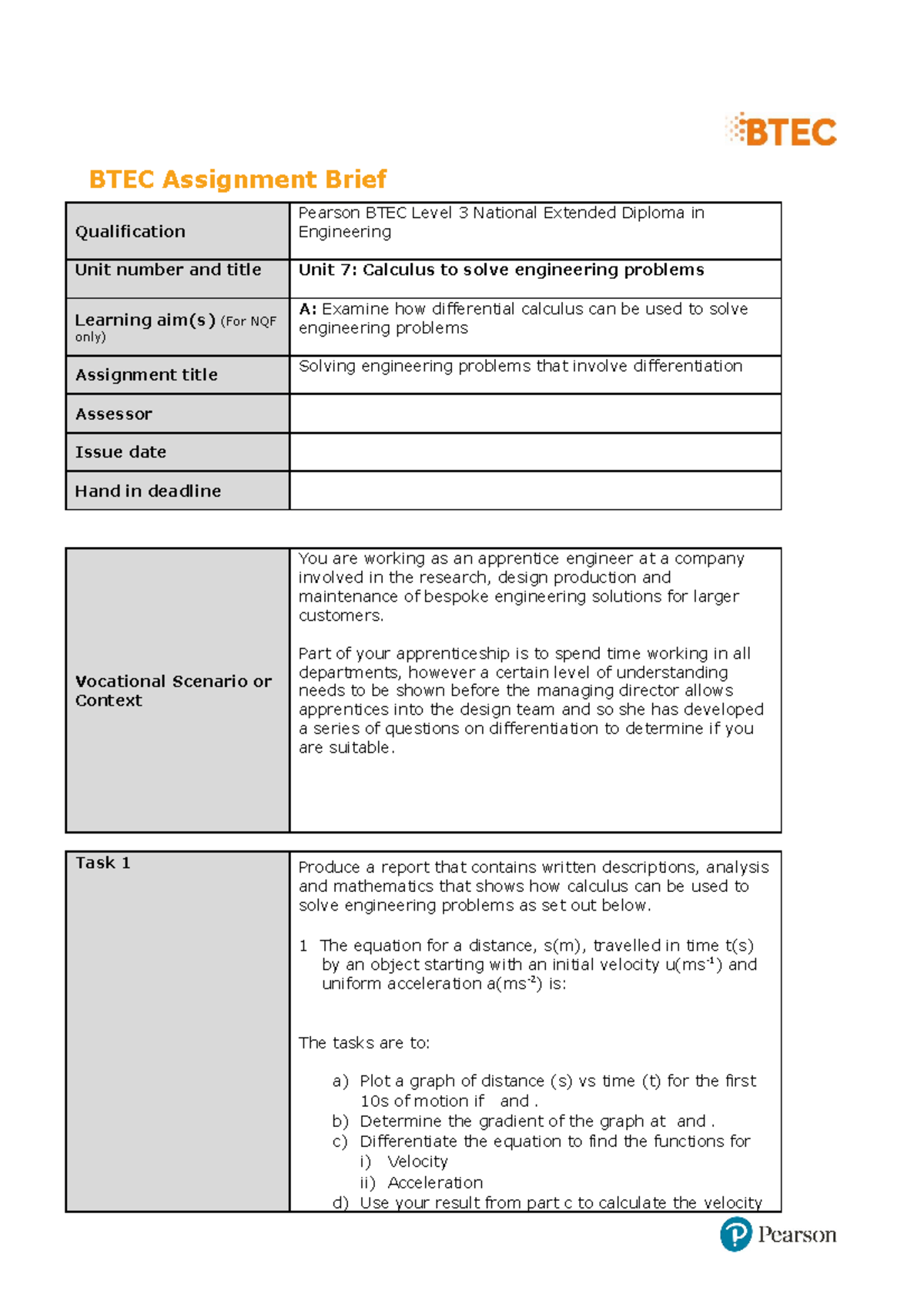 Authorised Assignment Brief for Learning Aim A Unit 7 Calculus to Solve Engineering Problems ...