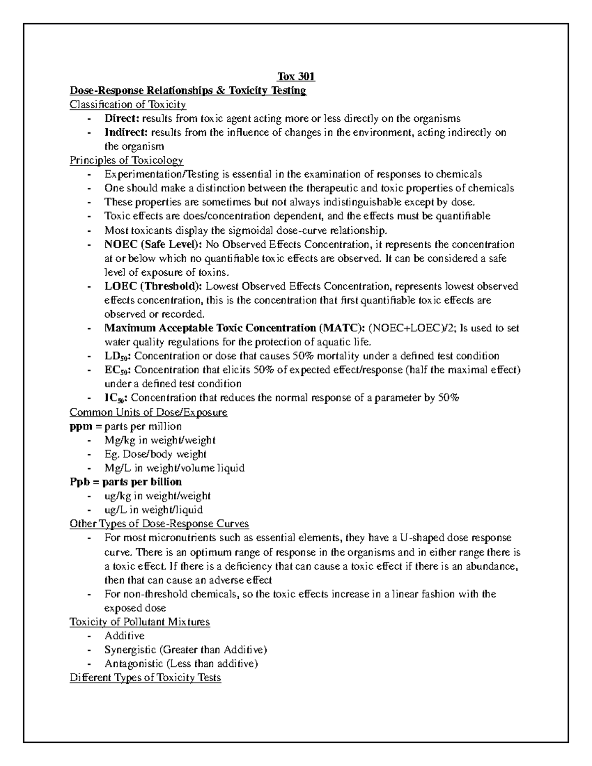 Tox 301 - Notes - Tox 301 Dose-Response Relationships & Toxicity ...