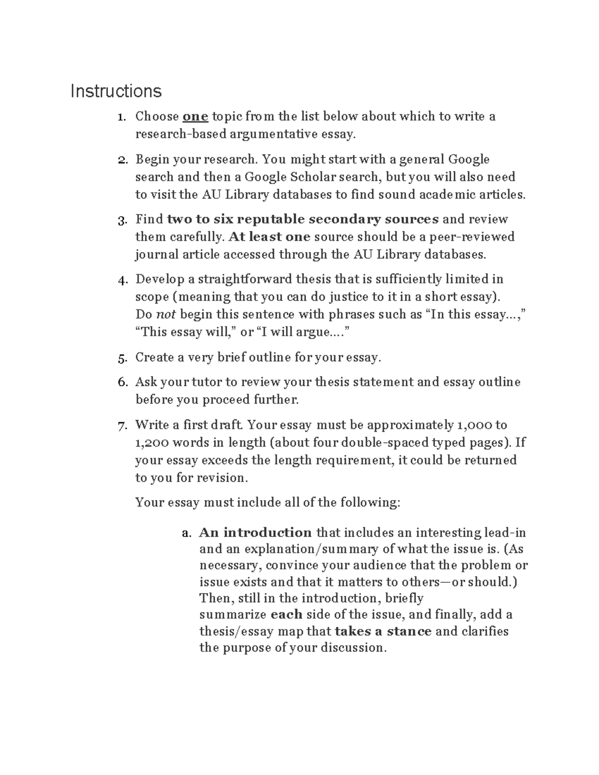 Assignment 5 (Argumentative Essay) - Instructions Choose one topic from ...