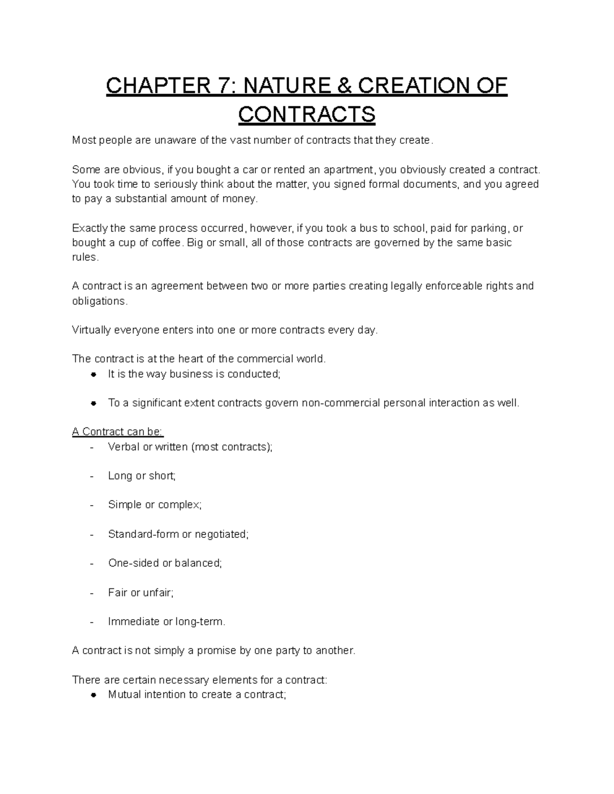 LAW 122 Chapter 7 Notes - CHAPTER 7: NATURE & CREATION OF CONTRACTS ...
