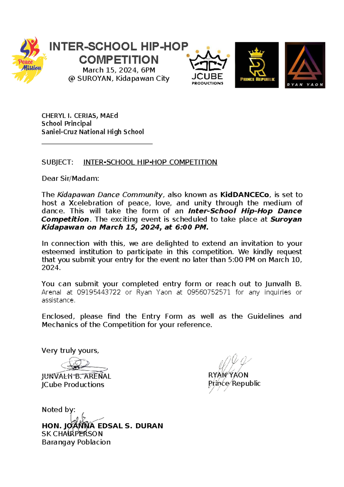 Letterentry form and guidelines - Very truly yours, JUNVALH B. ARENAL ...