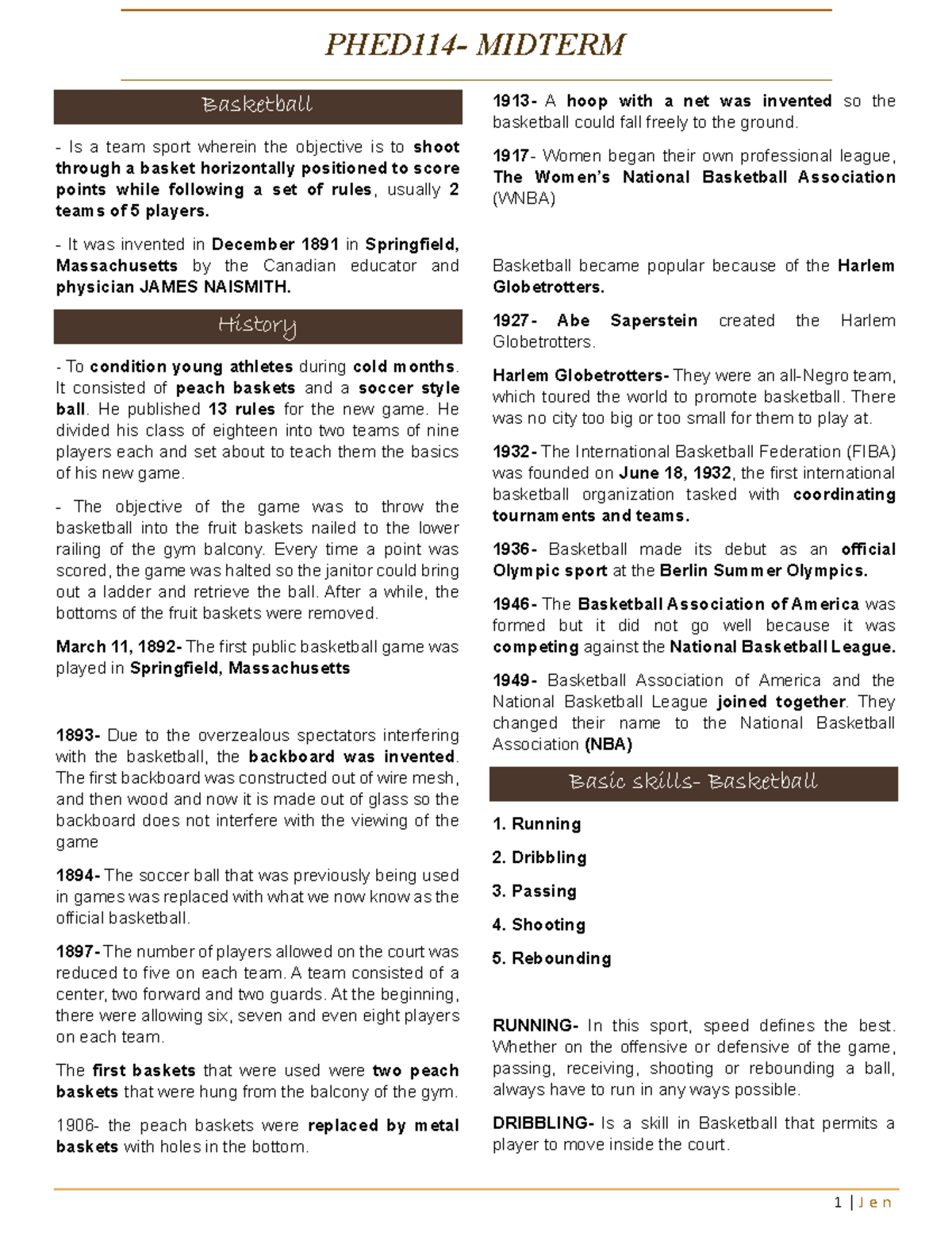 Midterm PHED Reviewer jenjen - Basketball Is a team sport wherein the ...