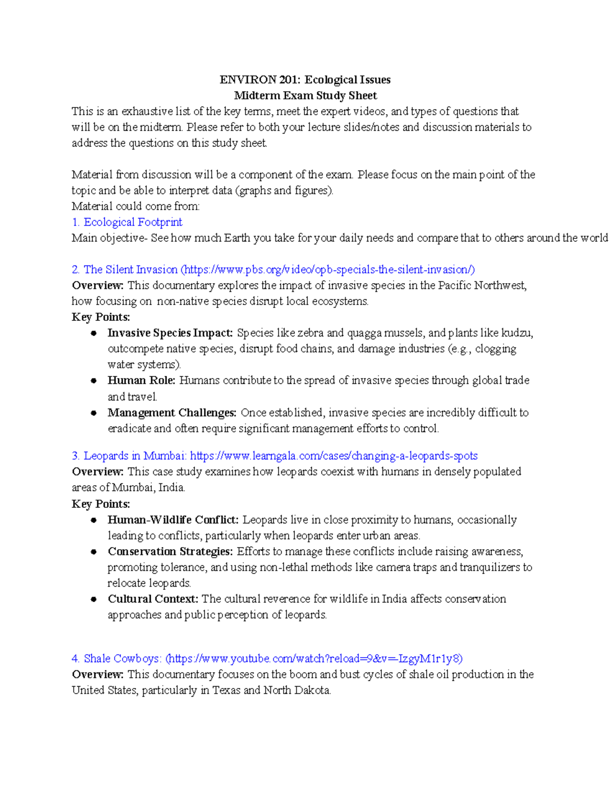 Environ 201 Study Guide-2 - ENVIRON 201: Ecological Issues Midterm Exam ...