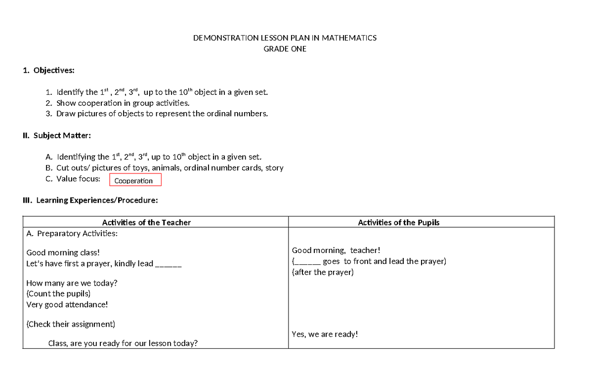 Demonstration Lesson PLAN IN Mathematics of Sharmaigne - DEMONSTRATION ...