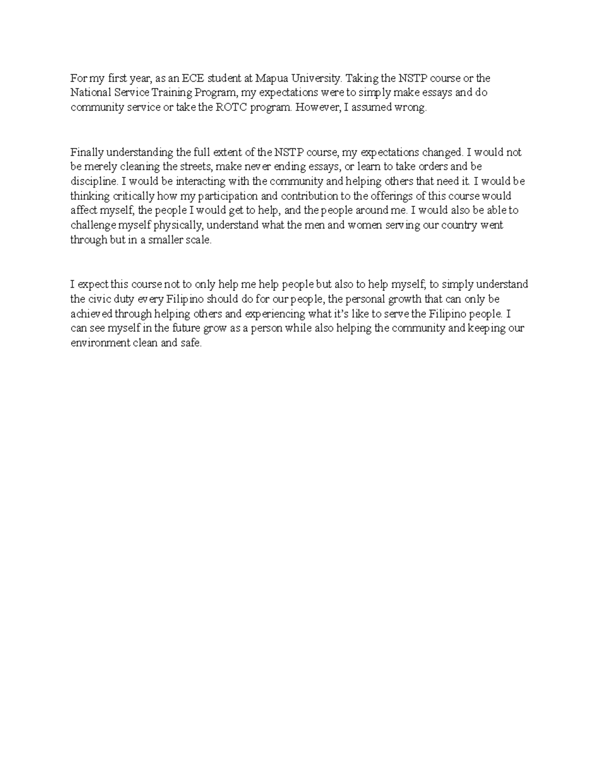 Essay #1 - For my first year, as an ECE student at Mapua University ...