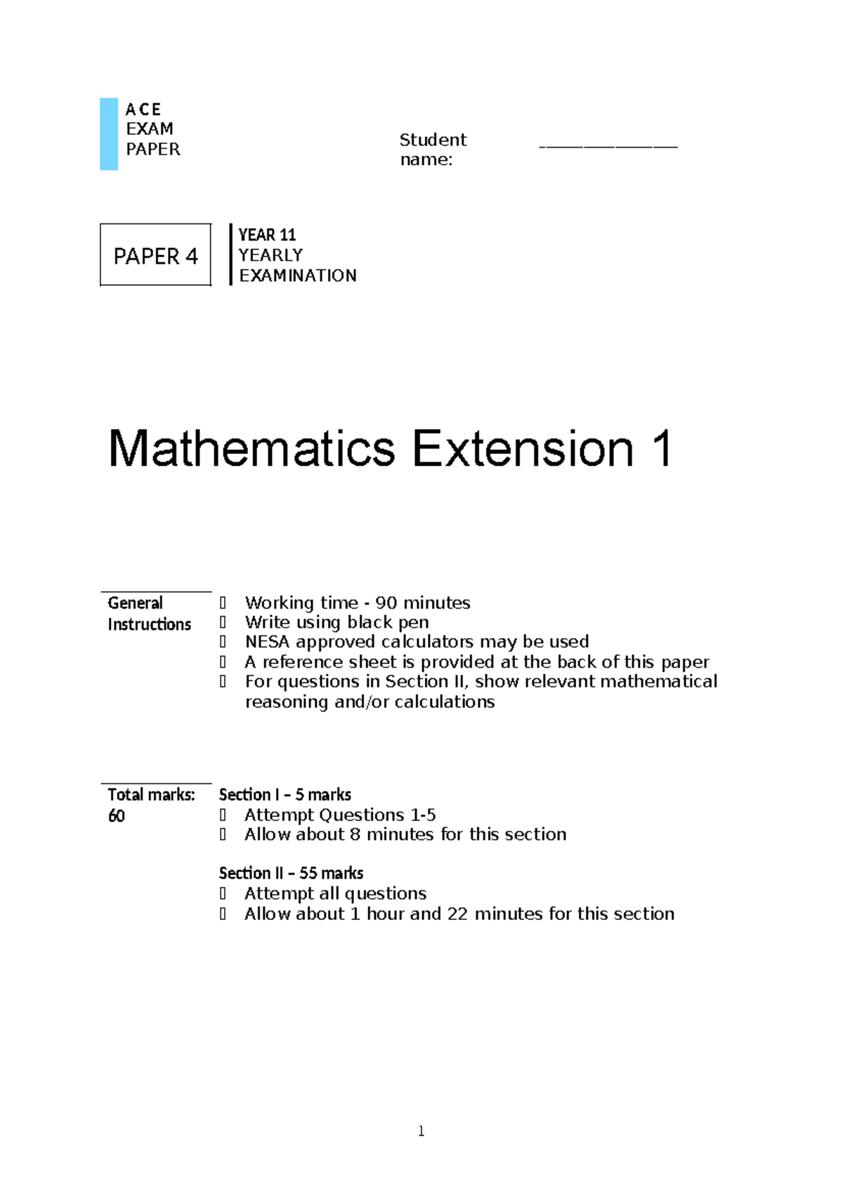 ACE PP11ME1P4 Exam - past paper - A C E EXAM PAPER Student name ...